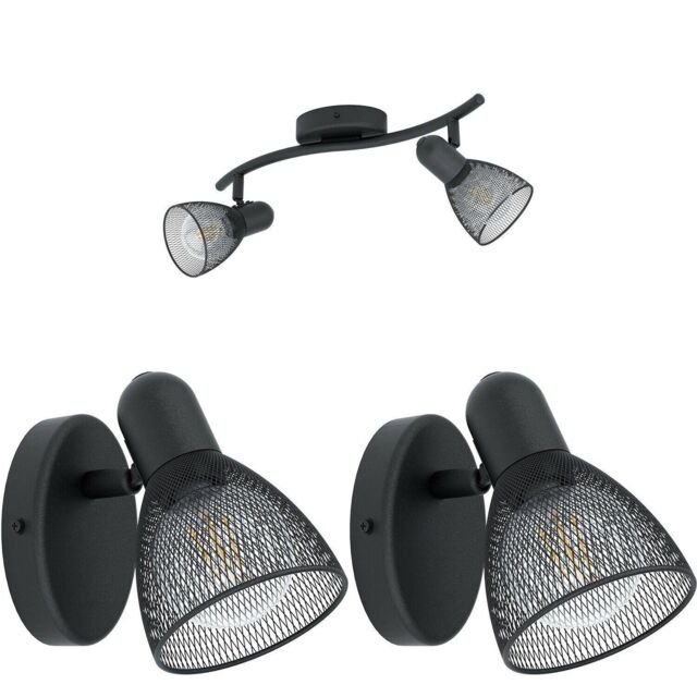 Twin Ceiling Spot Light & 2x Matching Wall Lights Black Mesh Adjustable ...