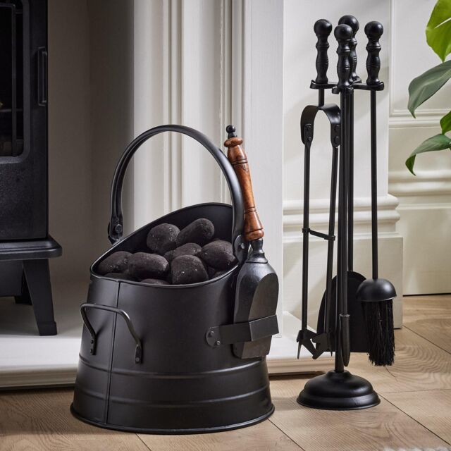 Traditional Fireplace Black Coal, Log and Kindling Bucket with Fireside ...