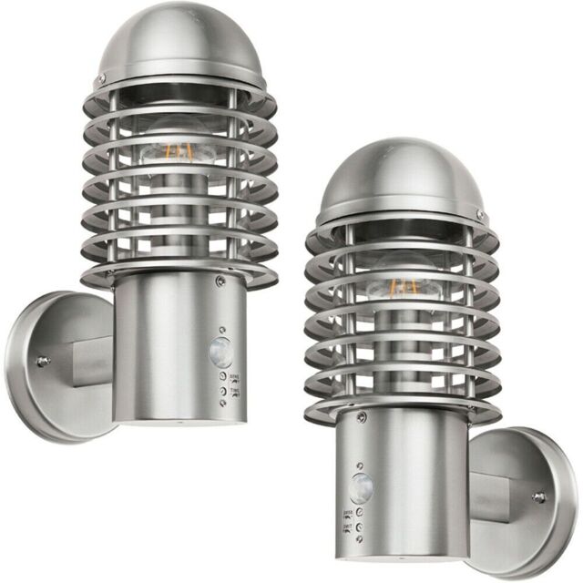Loops 2 PACK IP44 Outdoor Wall Lamp Brushed Steel Caged Lantern PIR ...