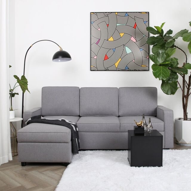 Selene - Corner Sofa Bed in Linen - Pull-out Sofa - Light Grey by Debenhams | ufurnish.com