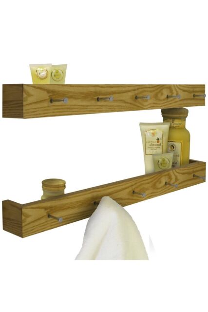 'Ellis' - 2 Pack - Wall Mounted 80cm Floating Shelf With 5 Hooks - Oak ...