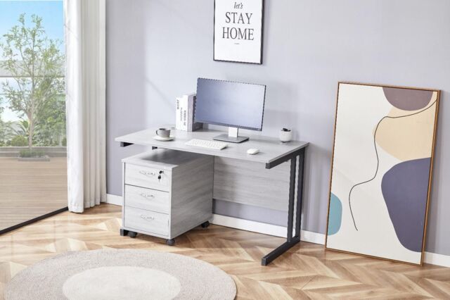 Grey Office Desk with Grey Velvet Upholstered Chair and Matching Drawer ...
