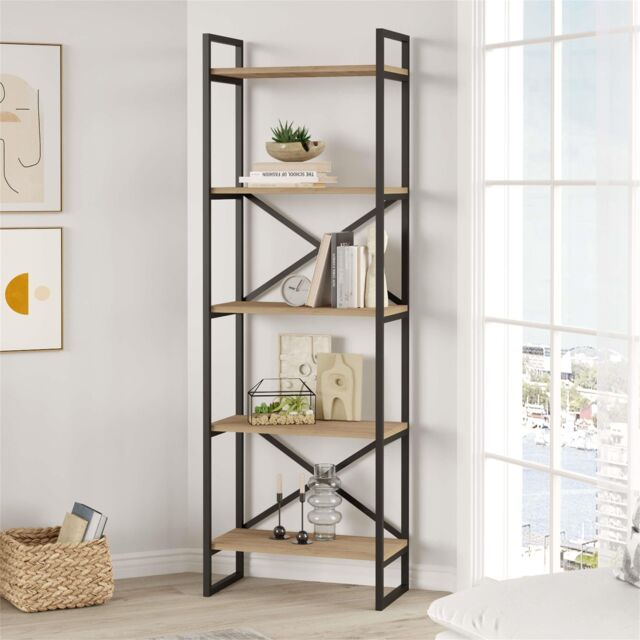 4-Tier Modern Bookcase 'Dusan' Natural Oak with Sturdy Metal Frames Display Unit by Debenhams ...