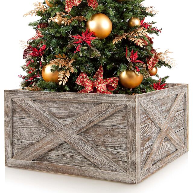 Costway Vintage Christmas Tree Collar Box 100% Solid Wood Wooden Tree ...