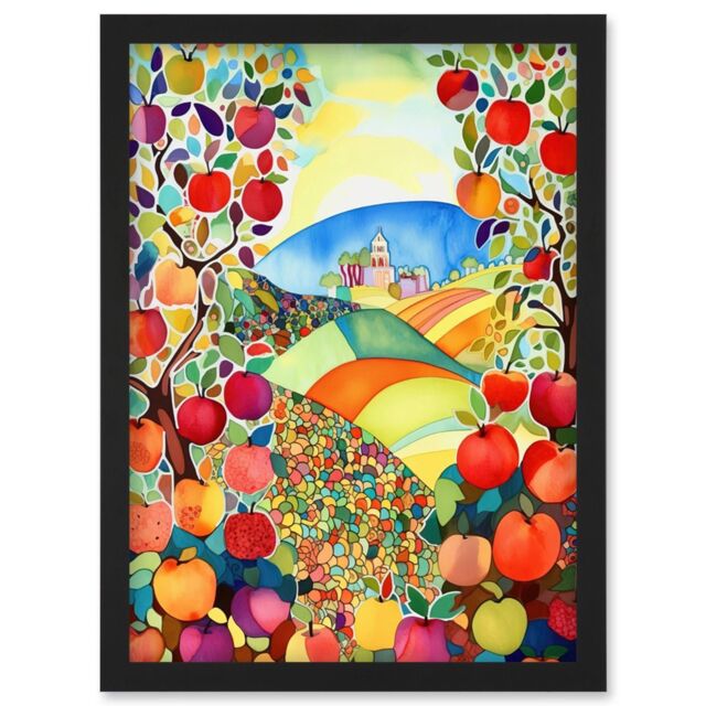 Apple Tree Orchard Fields In Summer Folk Art Landscape Watercolour ...