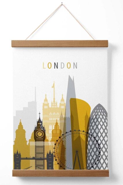 London Yellow and Grey City Skyline Framed Print SIZE: A4 with Oak ...