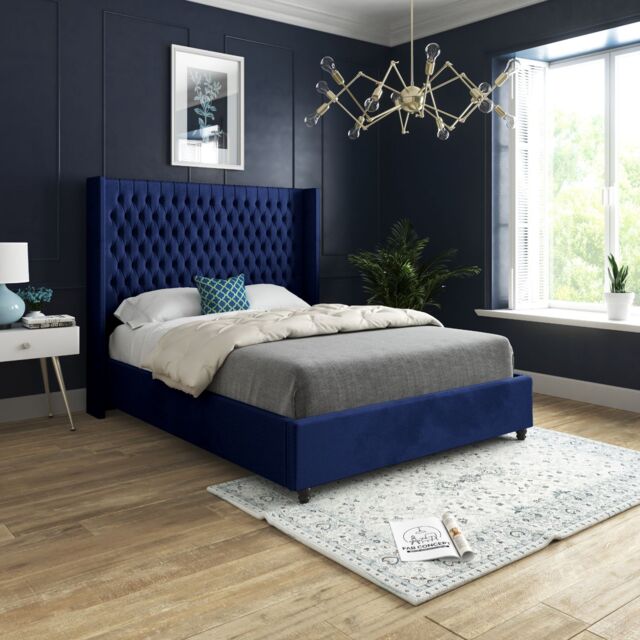 Volta Straight Winged Upholstered Soft Velvet Blue Bed Frame by ...