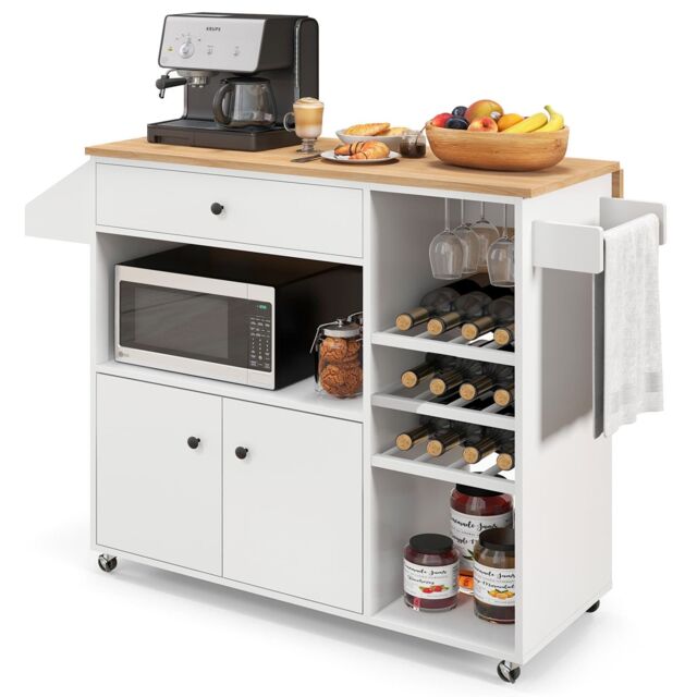 Rolling Kitchen Storage Island Serving Cart Trolley With Microwave ...