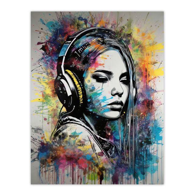Wall Art Print Music Girl Headphones Watercolour Grunge Emo Teen ...