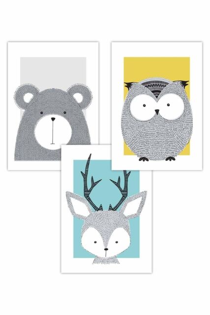Set of 3 Nursery Scandi Sketch Forest Animals in Blue Yellow Grey Art ...