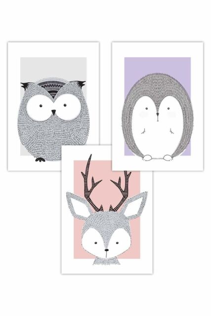 Set of 3 Nursery Scandi Sketch Forest Animals with Owl in Lilac Pink ...