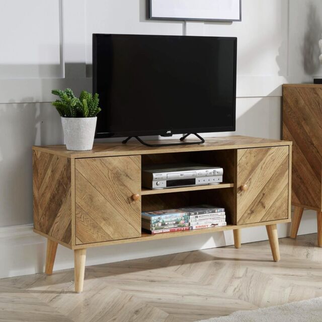 Home Source Dallas Herringbone 2 Door TV Stand Storage Unit in Light ...