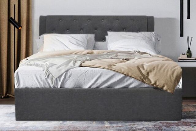 Gas Lift Ottoman Bedframe with Plush Button Upholstered Headboard by ...