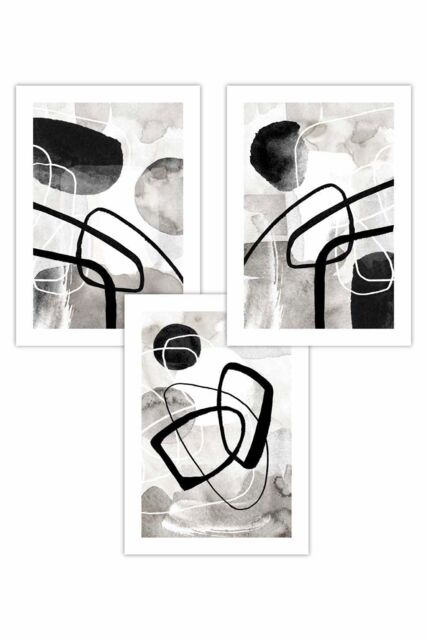 ARTZE Set of 3 Abstract Black Grey Watercolour Shapes Art Posters in ...