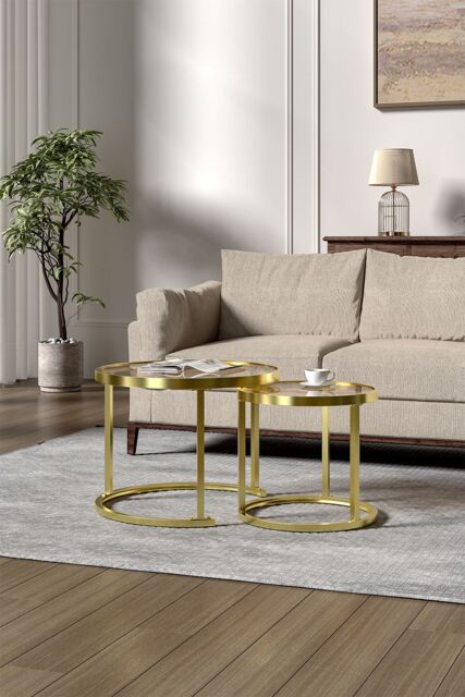 Living and Home Gold Tea Glass Round Nesting Coffee Table Set of 2 in ...