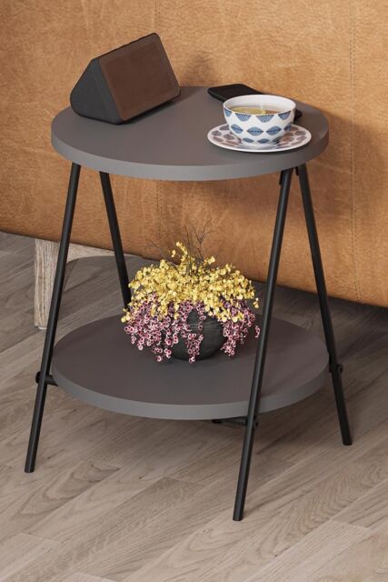 Scratch Resistant 2 Tier Round Side Table Metal Frame Anthracite Grey ...