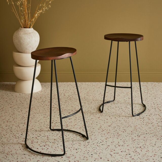 Pair Of Industrial Metal And Wooden Bar Stools by Debenhams | ufurnish.com