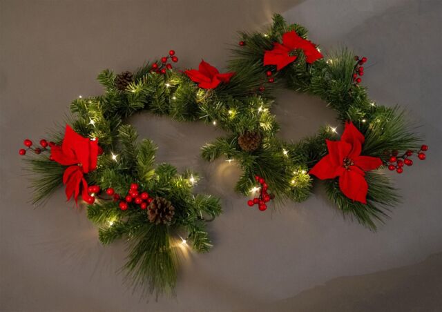 Shatchi 2m B/O Pre lit Red Poinsettia Garland with 50 WW Leds by ...