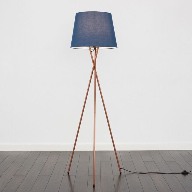 Camden Copper Metal Tripod Floor Lamp and Navy Blue Tapered Lamp Shade ...