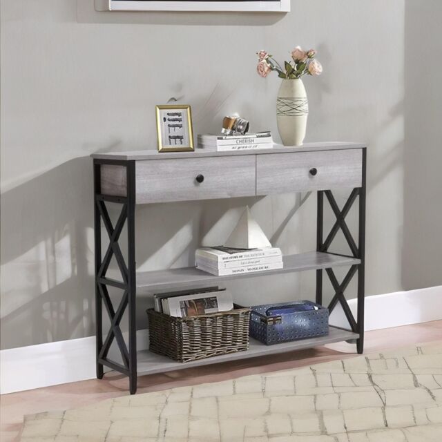 FURNOS 3 Tier Console Table With 2 Drawers & Storage Shelves in Grey by ...