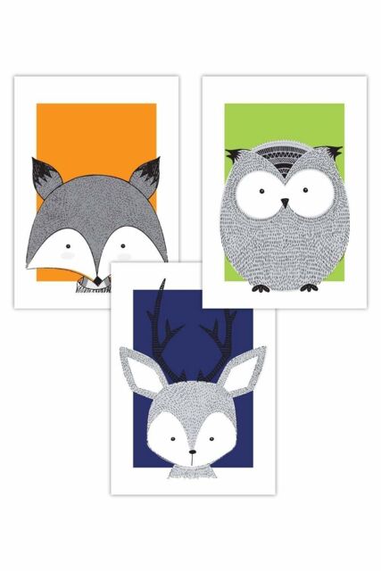 Set of 3 Nursery Scandi Sketch Forest Animals in Navy Orange Green Art ...