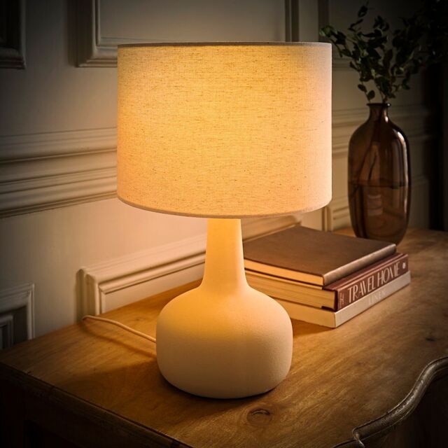 Hayley Natural Linen Drum Shade Squat Base Ceramic Stonewear Table Lamp ...