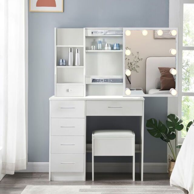 Modern White 5 Drawer Dressing Table Set With Sliding LED Lit Mirror ...