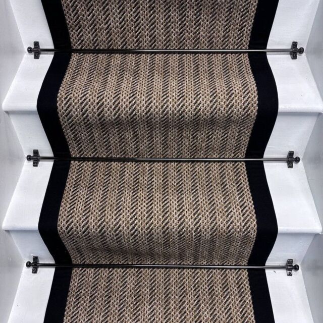 Venza Beige Black Self-Stripe Rib Stair Runner with 100% Black Cotton ...