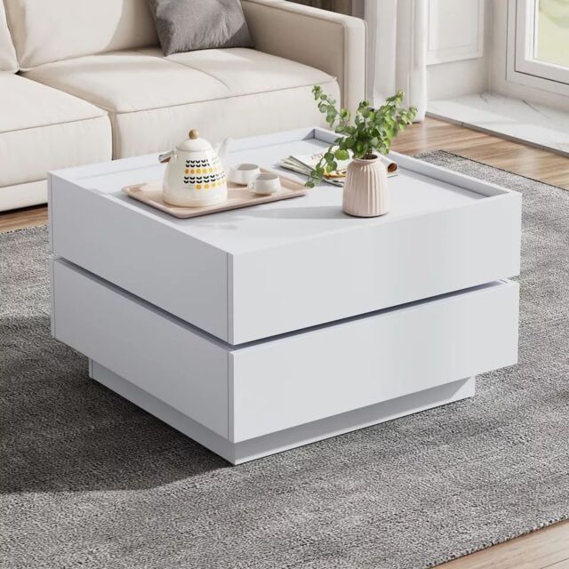 White Square Rotating Coffee Table with 2 Drawers 2 Tier Swivel Top by ...