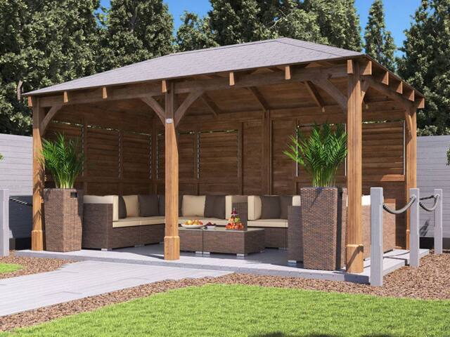 Dunster House Wooden Gazebo Kit with Louvre Wall & Shingles 5m x 3m ...