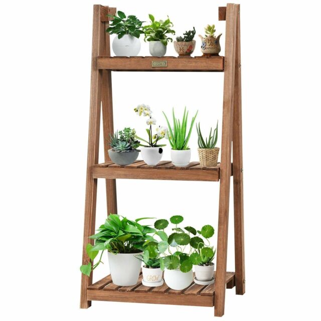 3 Tier Wooden Plant Stand Folding Flower Shelf Display Ladder Free ...