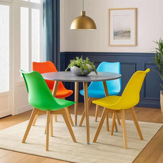 KOSY KOALA Dining Table & 4 Chairs Modern Grey Round Table With 4 Mix ...