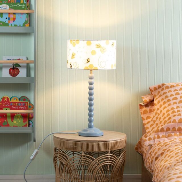 Bobbins Powder Blue Table Lamp with Fabric Bee Drum Lamp Shade with LED ...