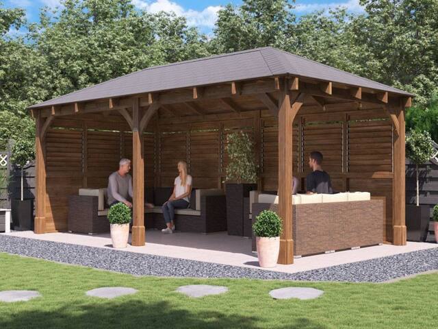 Dunster House Wooden Gazebo Kit with Louvre Wall & Shingles 6m x 3m ...