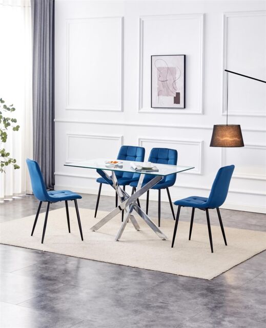 Dining Table and 4 Chairs Rectangle Blue Table 4 Grey Velvet Chairs ...