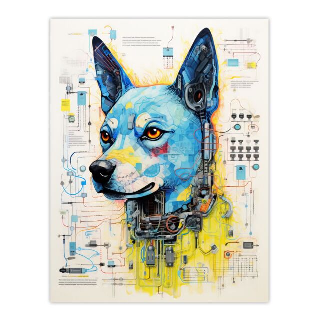 "Artery8 Wall Art Print Dog Robot Hybrid Schematic Blue Futuristic ...
