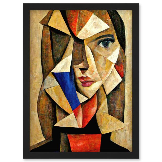 Artery8 Painting Cubism Style Portrait Of Young Woman Beige & Brown ...