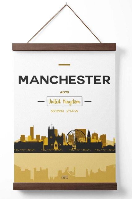 Manchester Yellow and Black City Skyline Poster with Walnut Hanger by ...