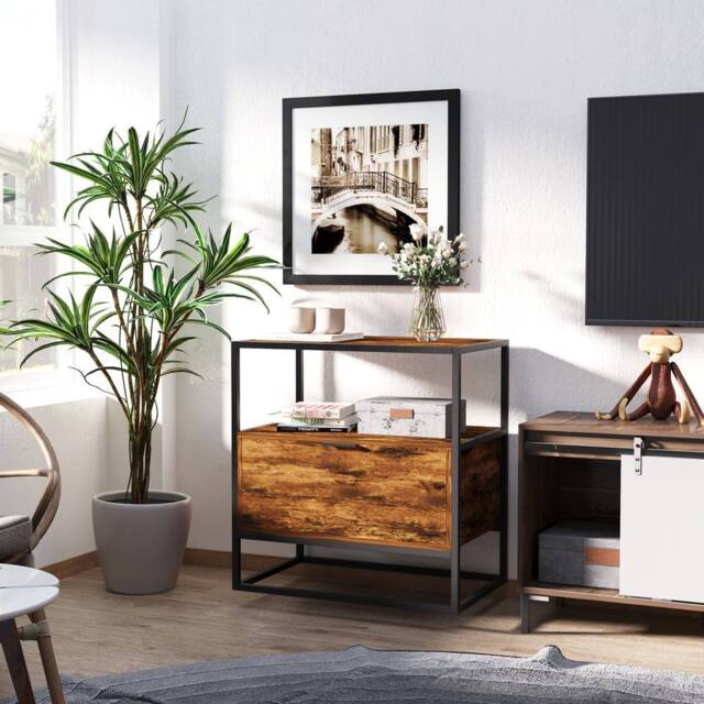 HOMCOM Industrial-Style Side Table with Drawer Open Shelf Steel Frame ...