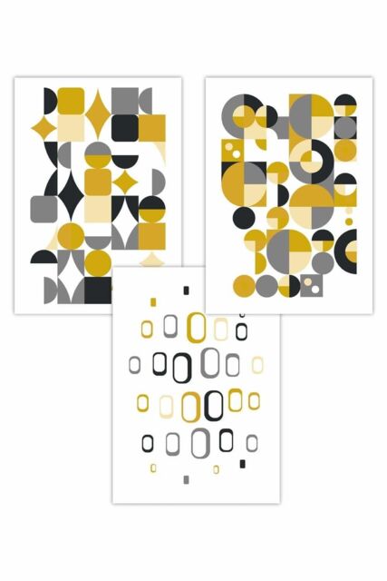 ARTZE Set of 3 Mid Century Graphical Grey Yellow Art Posters in Bright ...