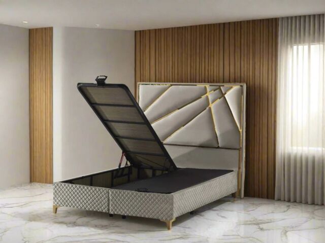 Helix Double Divan Ottoman Bedframe In Champagne Velvet & Gold Without ...