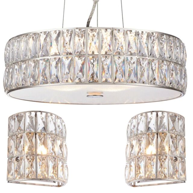 5 Bulb Ceiling Pendant & 2x Matching Flush Wall Light Chrome & Crystal ...