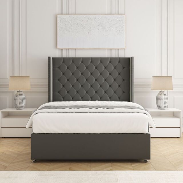 "Plush Divan Bed Set With 54"" Chesterfield Winged Headboard & Mattress ...