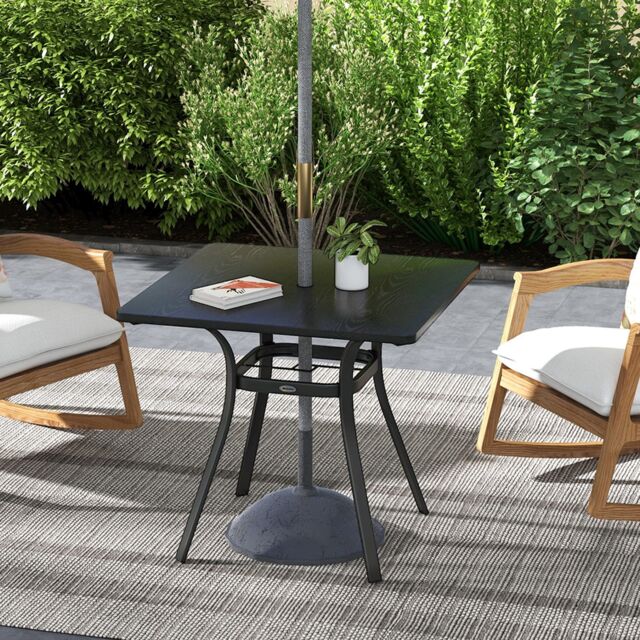 Outdoor Table with Metal Tabletop, Steel Frame, Foot Pads, Umbrella ...