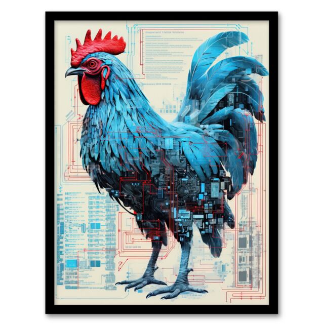 Artery8 Wall Art Print Robo Rooster Robot Hybrid Schematic Blue ...