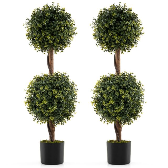Gymax Set of 2 Artificial Double Topiary Ball Trees With Solid Birch ...