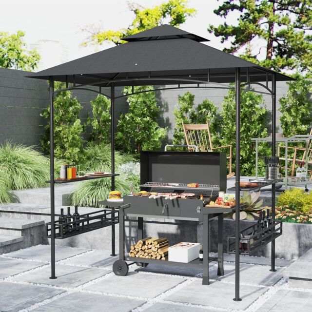 8' x 5' Grill Gazebo Canopy with 2 Side Shelves, Hook, Dark Grey by ...