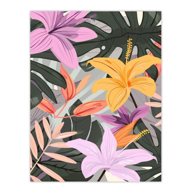 "Artery8 Tropical Exotic Colourful Lilies Monstera Design Wall Art ...