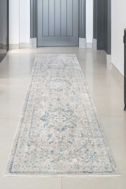 Runner Rug Blue Grey Floral Traditional Medallion Low Pile Long Hallway ...