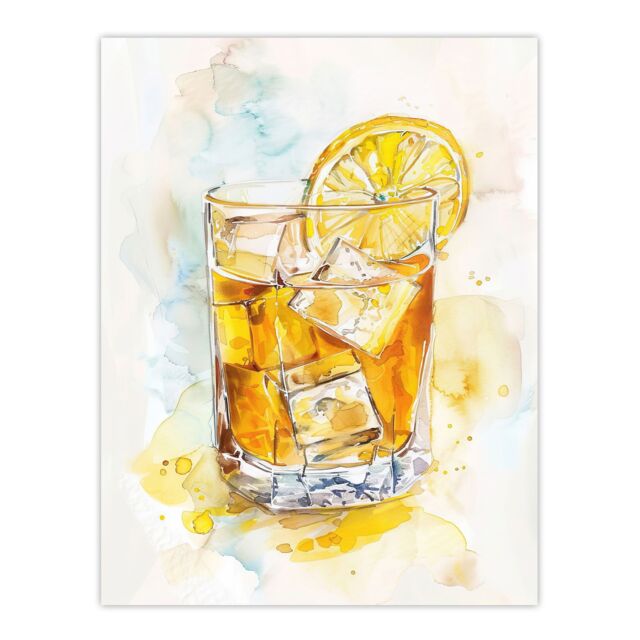 "Artery8 Whiskey Highball Cocktail Lemon Bar Watercolour Wall Art Print ...